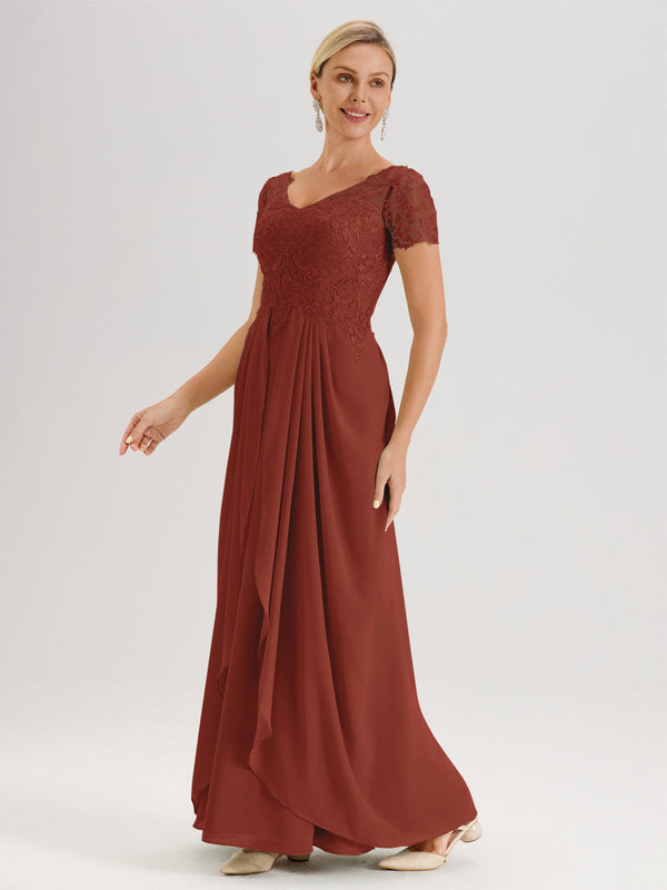 Cicinia Rust Mother Of The Bride Dress With Sleeves Long Chiffon Lace