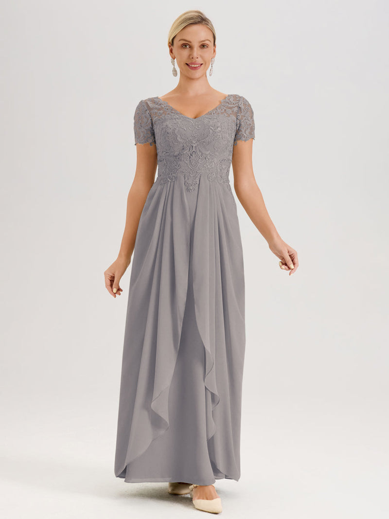 Cicinia Silver Mother Of The Bride Dress With Sleeves Long Chiffon Lac