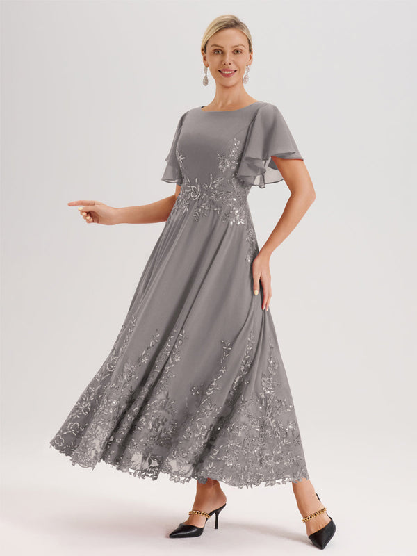 Cicinia Silver Mother Of The Bride Dress Long Chiffon A-line Flutter S