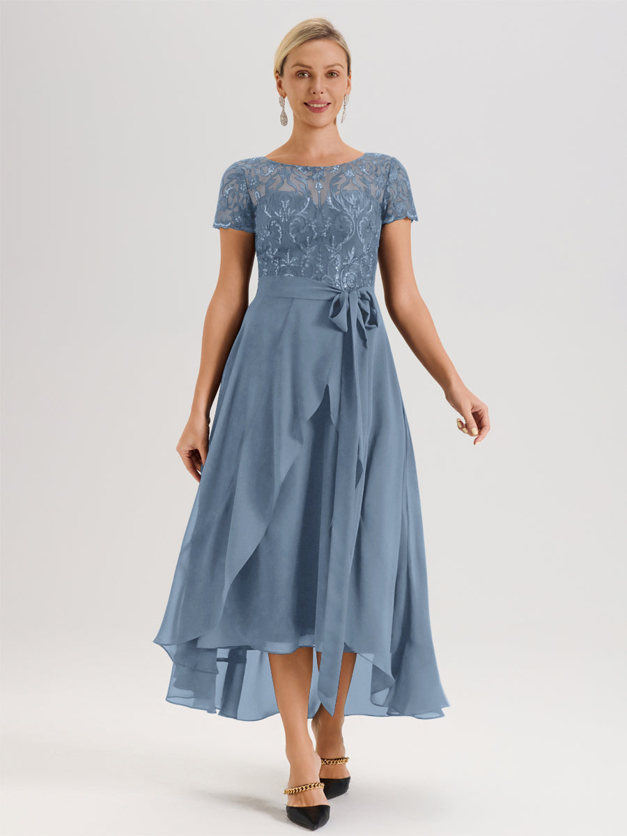 Cicinia Slate Blue Mother Of The Bride Dress Short Sleeves Long Chiffo