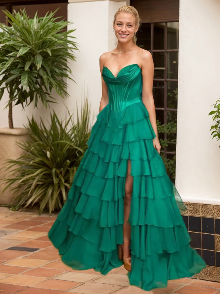 Dark Green Formal Dresses A Line Appliques Bodice Layers Formal Dress