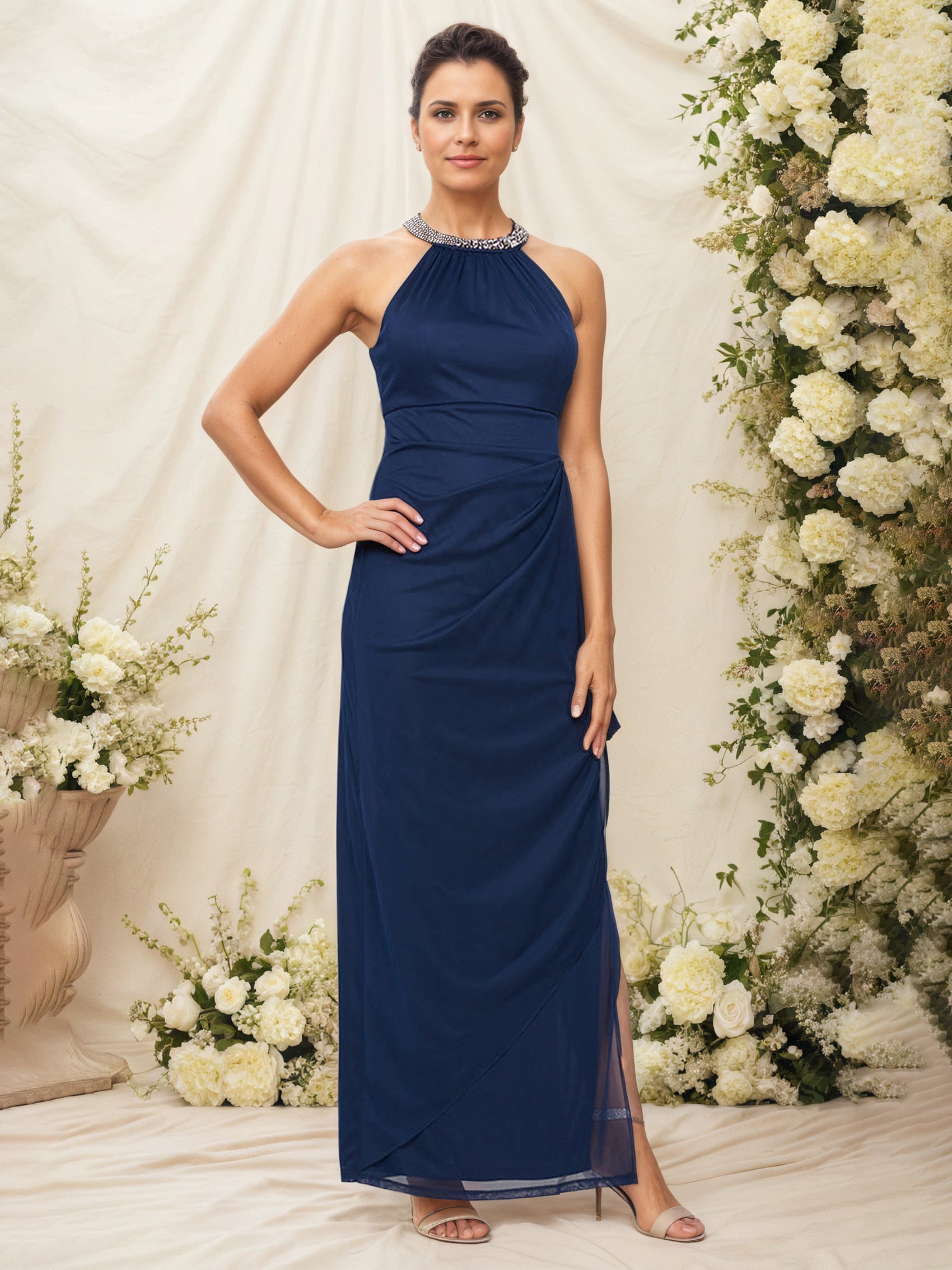 Dark Navy Mother Of The Bride Dresses Embellished Halter Neckline Slee