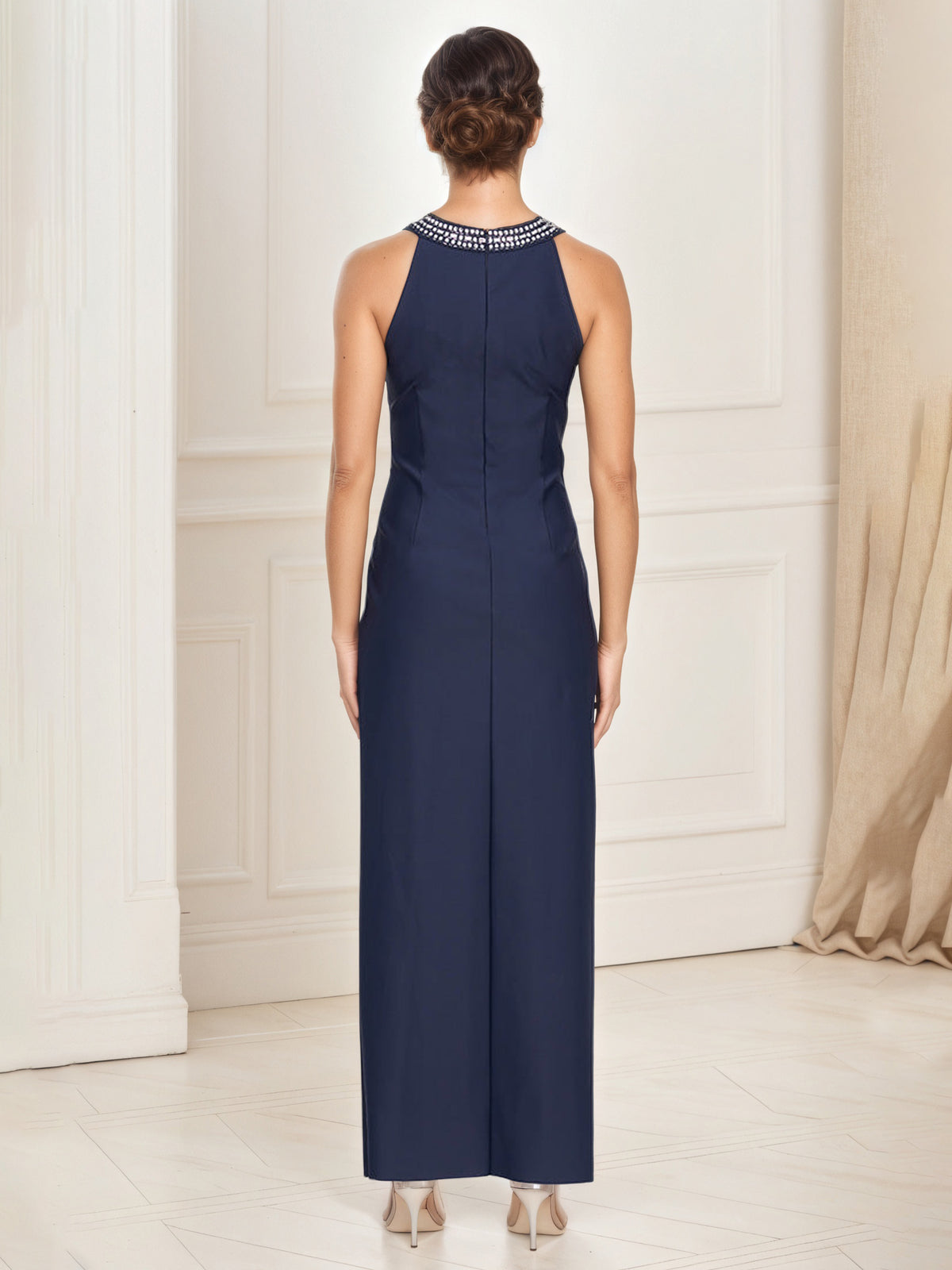 Dark Navy Mother Of The Bride Dresses Sheath/Column Beaded Halter Neck