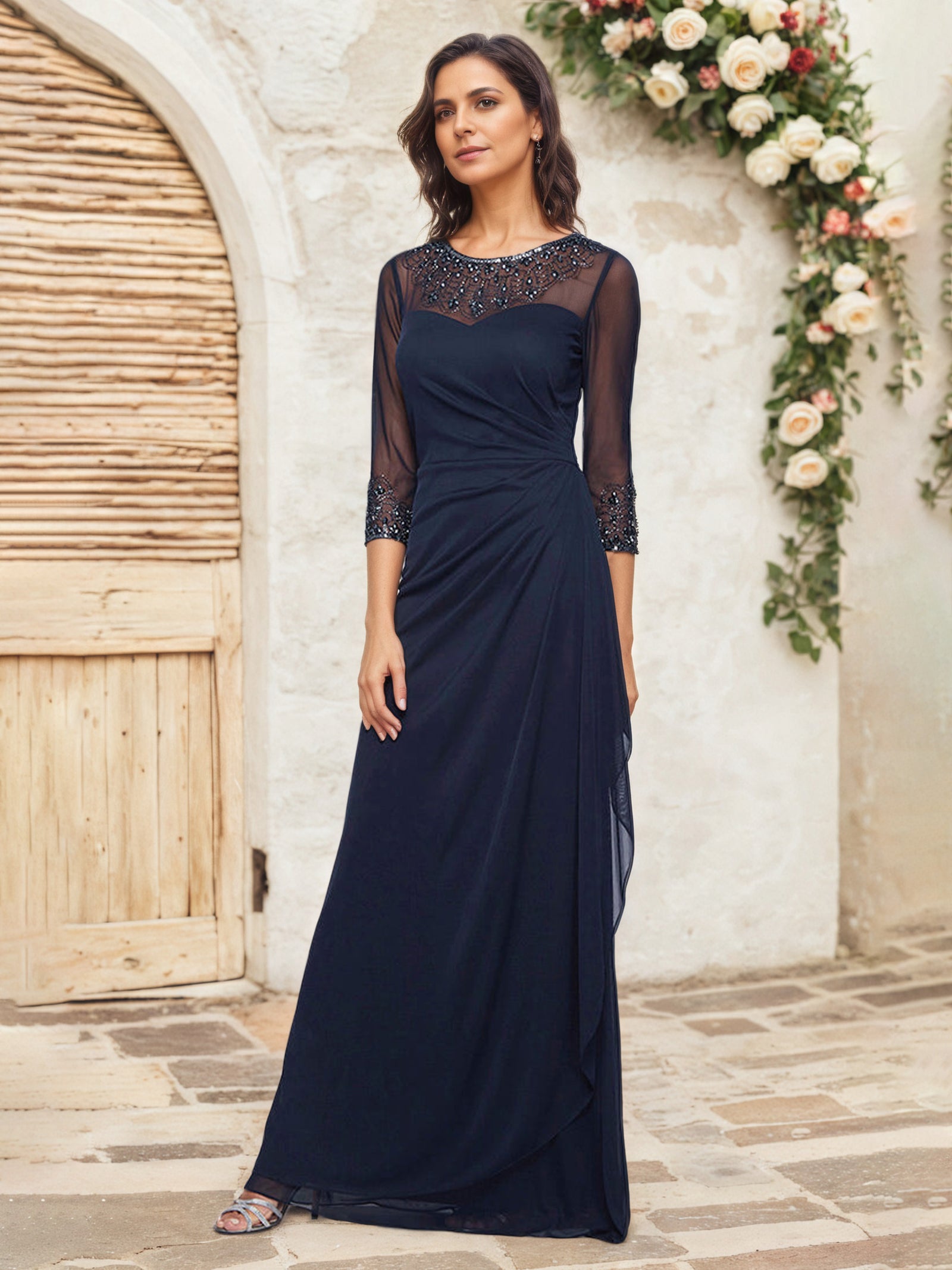 Dark Navy Mother Of The Bride Gown A Line Illusion Sleeves Beaded Moth