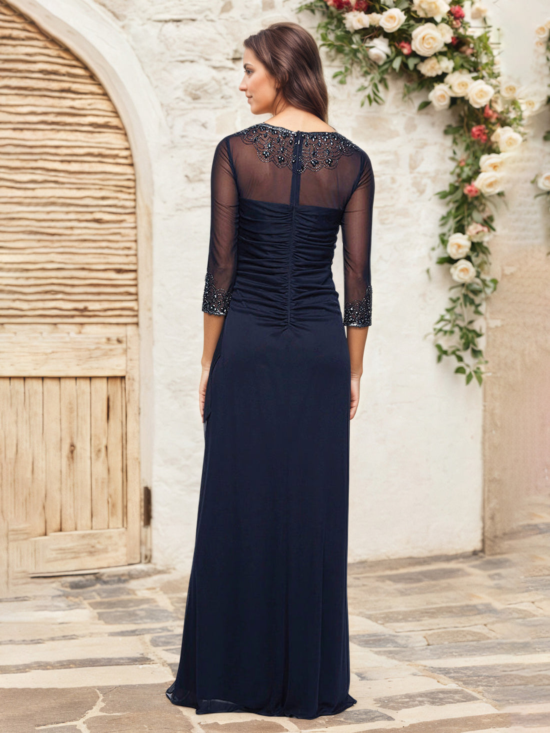 Dark Navy Mother Of The Bride Gown A Line Illusion Sleeves Beaded Moth