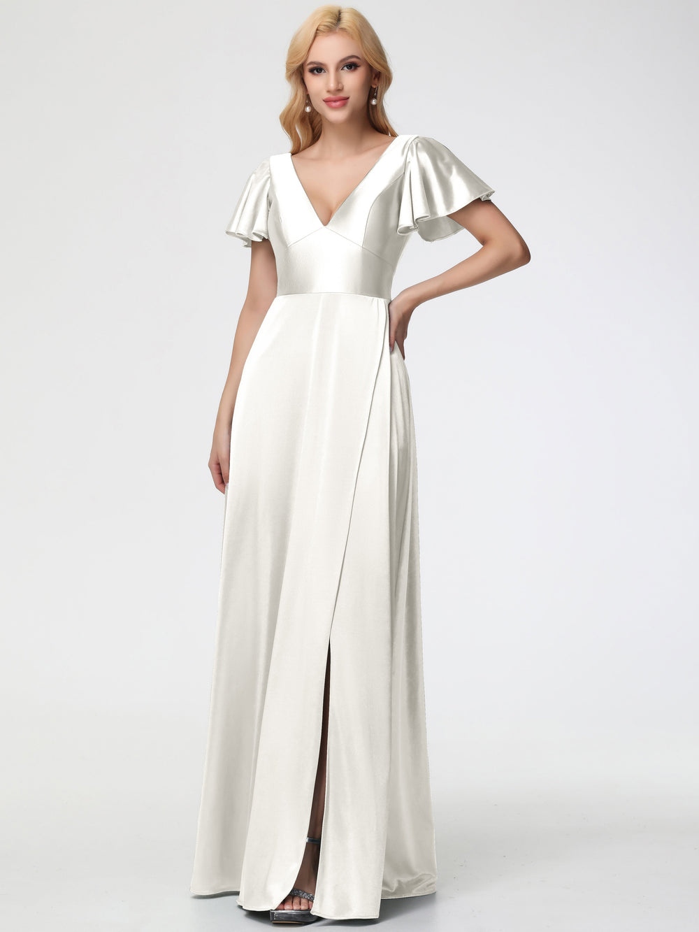 Formal Dresses Ivory Deep V-Neck Short Sleeves Stretch Satin Formal Dr