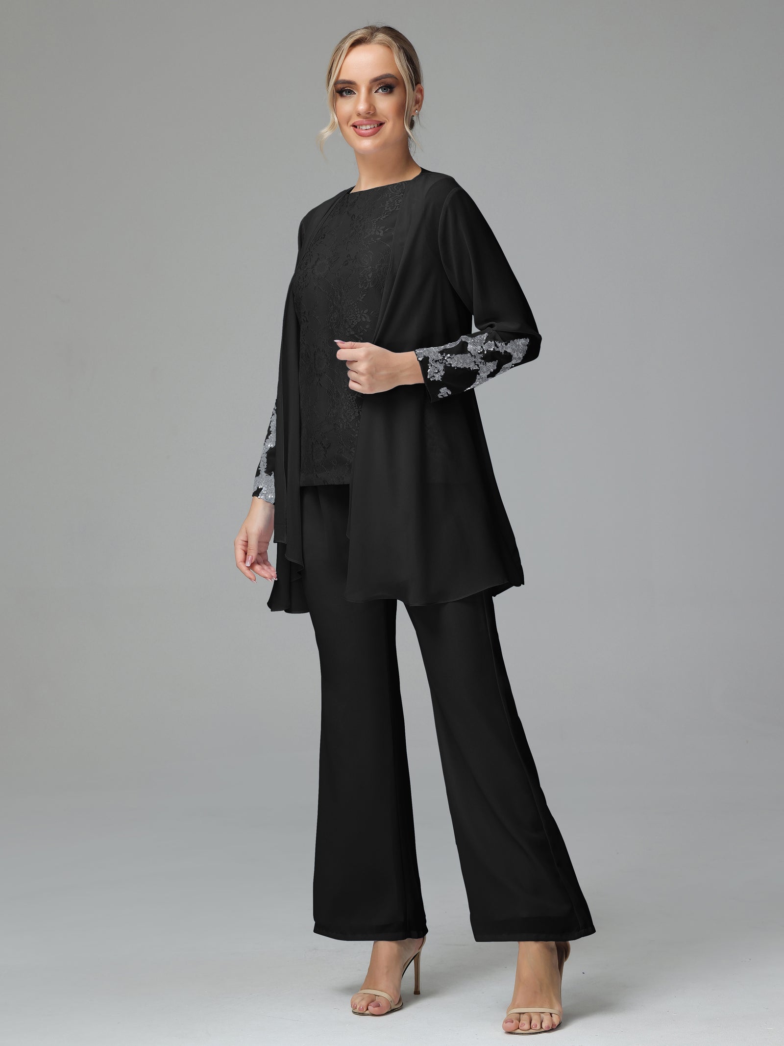 Long Sleeves Chiffon Lace Mother Of The Bride Dress Pants Suits