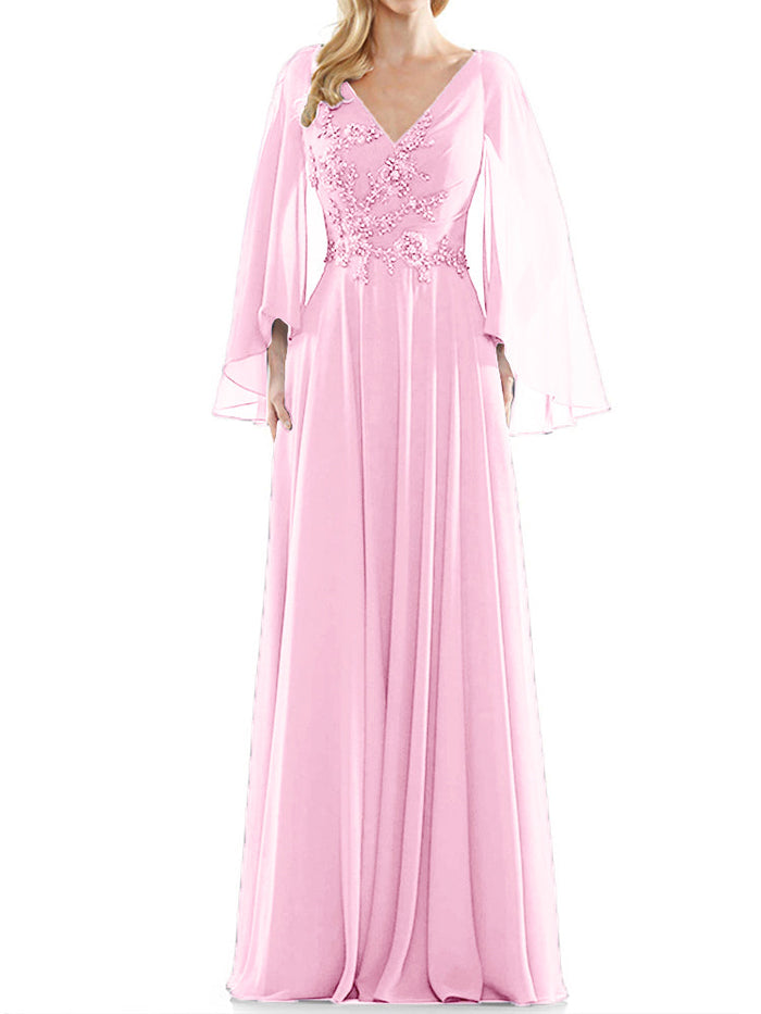 Flowy Long Sleeves V Neck Chiffon Beaded Appliques Mother of the Bride