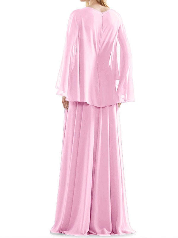 Flowy Long Sleeves V Neck Chiffon Beaded Appliques Mother of the Bride
