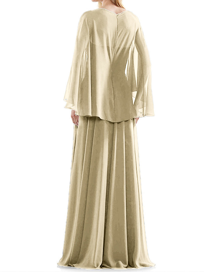 Flowy Long Sleeves V Neck Chiffon Beaded Appliques Mother of the Bride