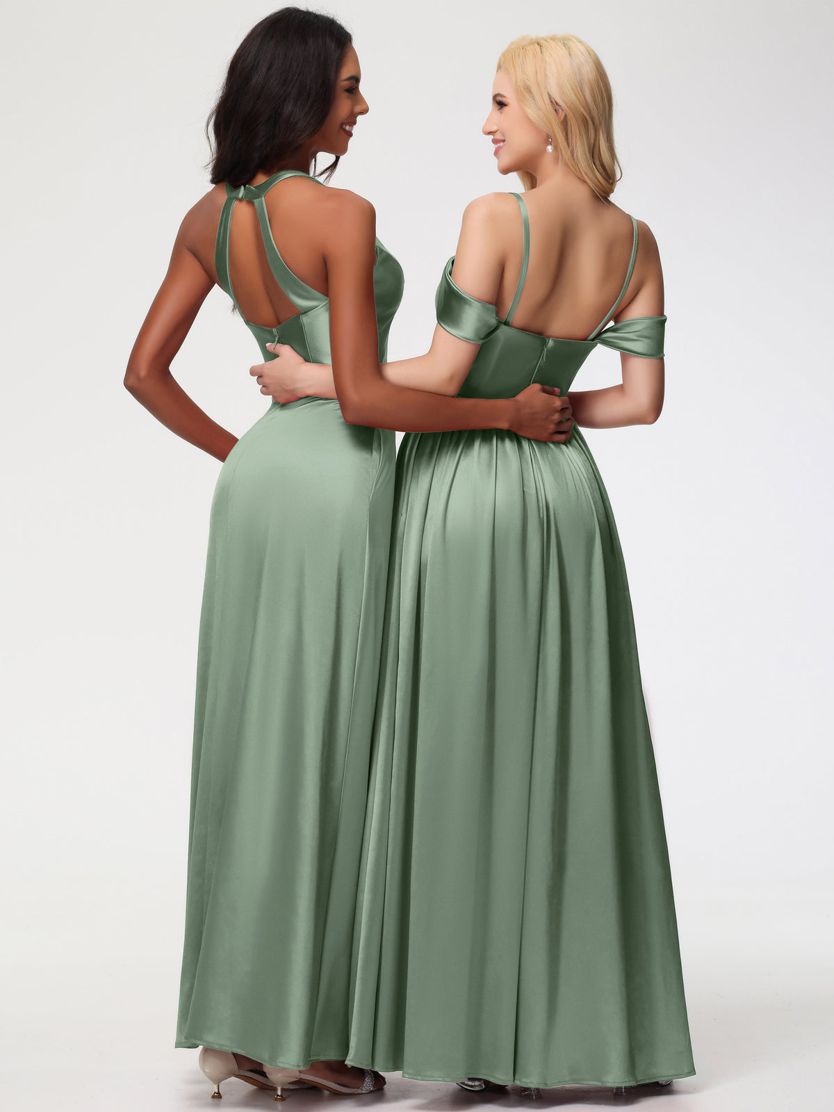 Dusty Sage Prom Off The Shoulder Floor Length Stretch Satin Prom Dress