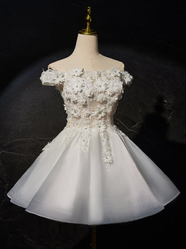Off-the-shoulder Princess Ivory Homecoming Dresses with 3D Flower Appl