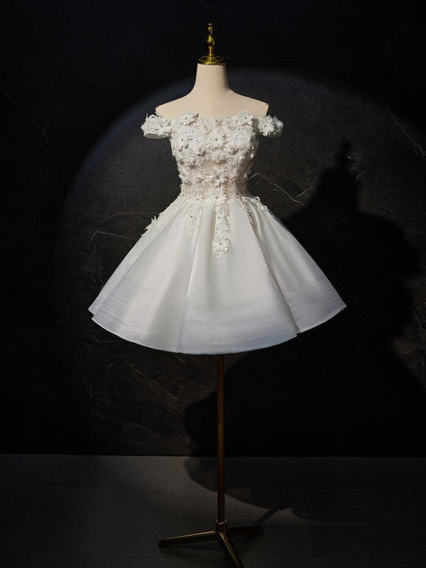 Off-the-shoulder Princess Ivory Homecoming Dresses with 3D Flower Appl