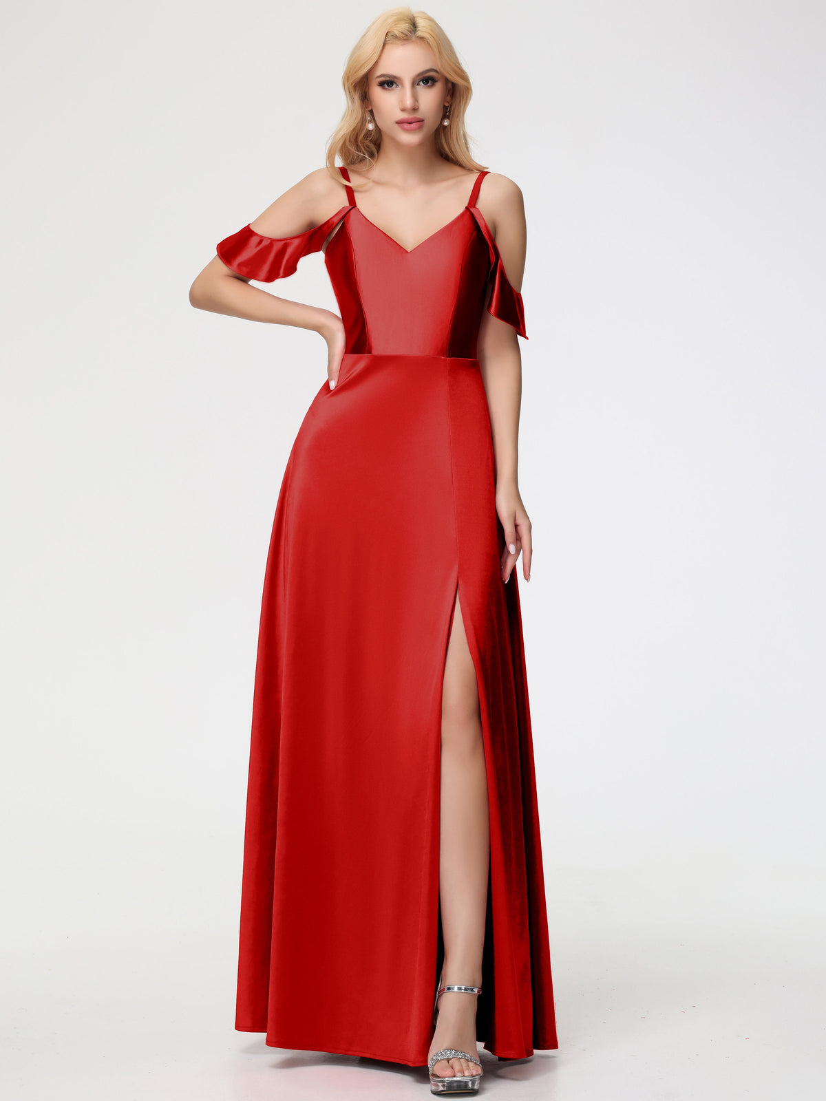 Red Formal Dresses A Line Off The Shoulder V-Neck Stretch Satin Formal