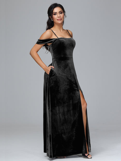 Spaghetti Straps Off Shoulder Velvet Bridesmaid Dress With Slit