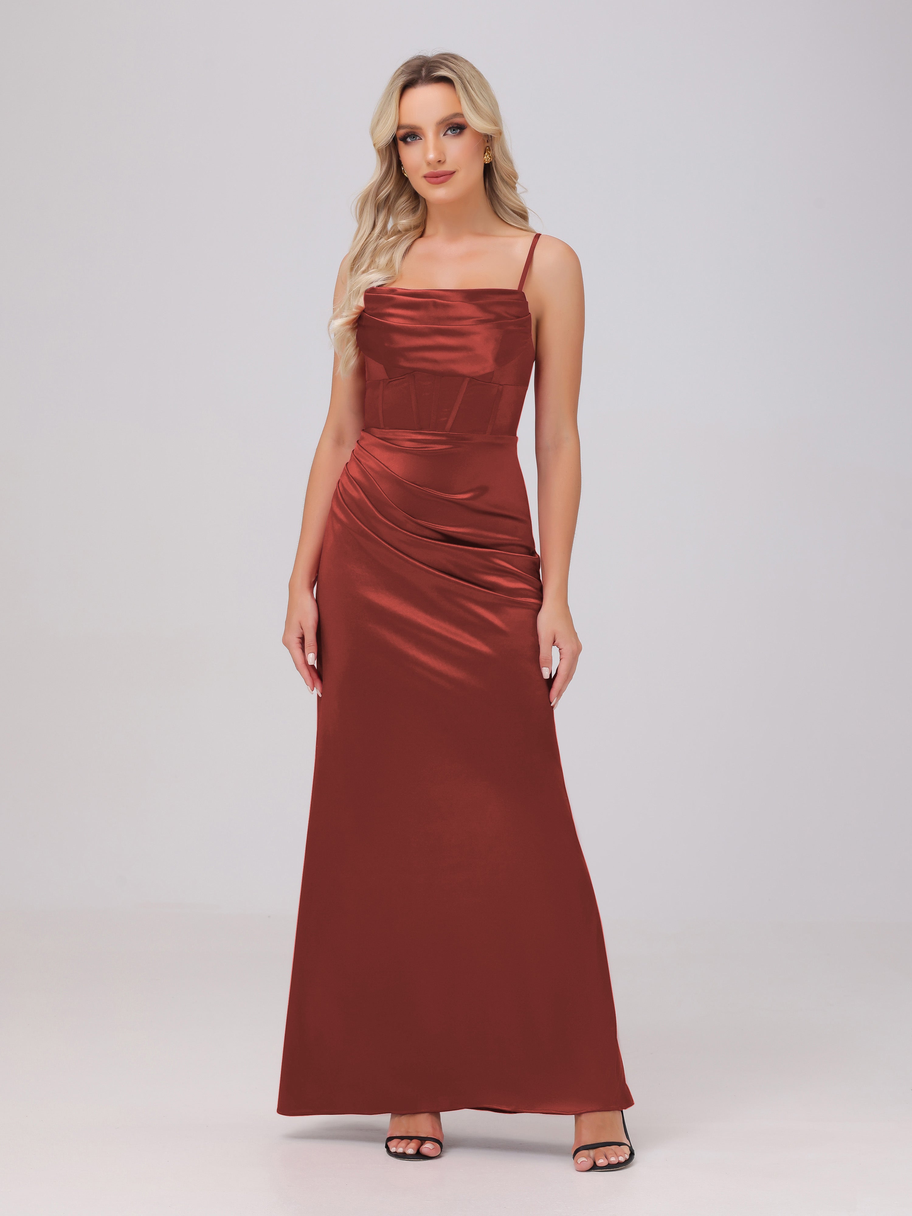 Rust Colored Formal Dresses Spaghetti Straps Ruched Floor Length Stret