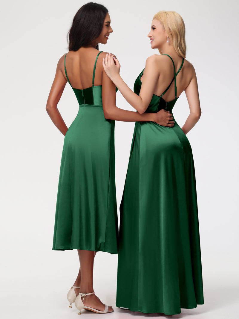 Dark Green Bridesmaid Dresses Satin Spaghetti Straps Tea Length Back Z