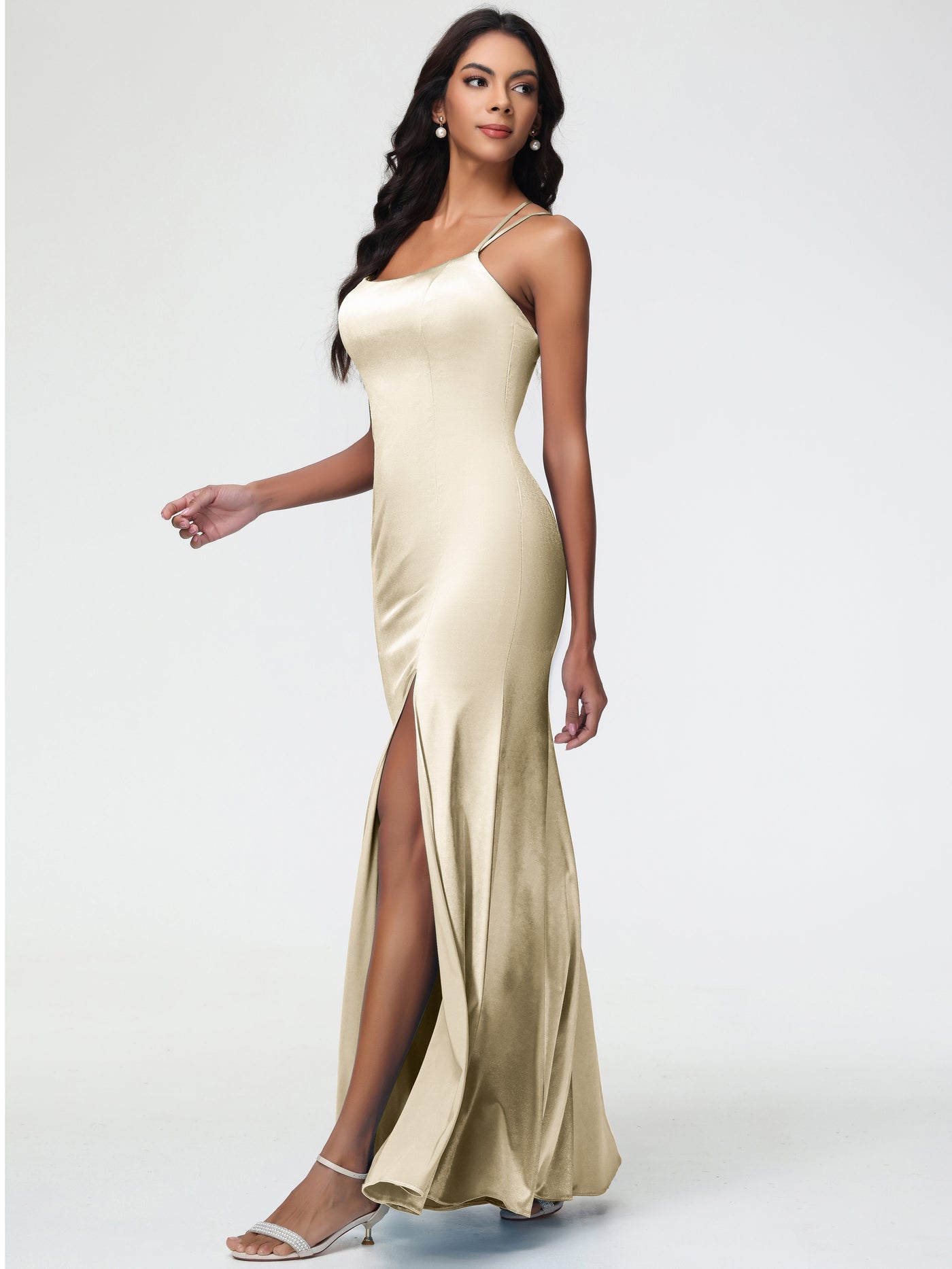 Prom Champagne Dresses Mermaid Slit Floor Length Sleeveless Spaghetti