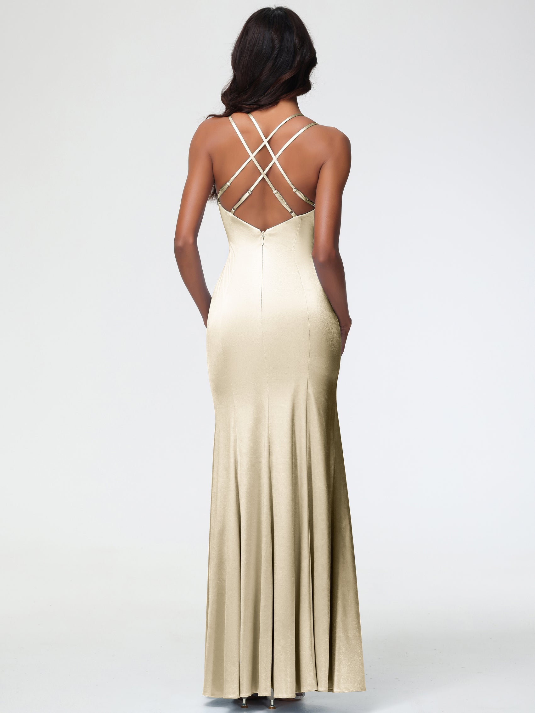 Prom Champagne Dresses Mermaid Slit Floor Length Sleeveless Spaghetti