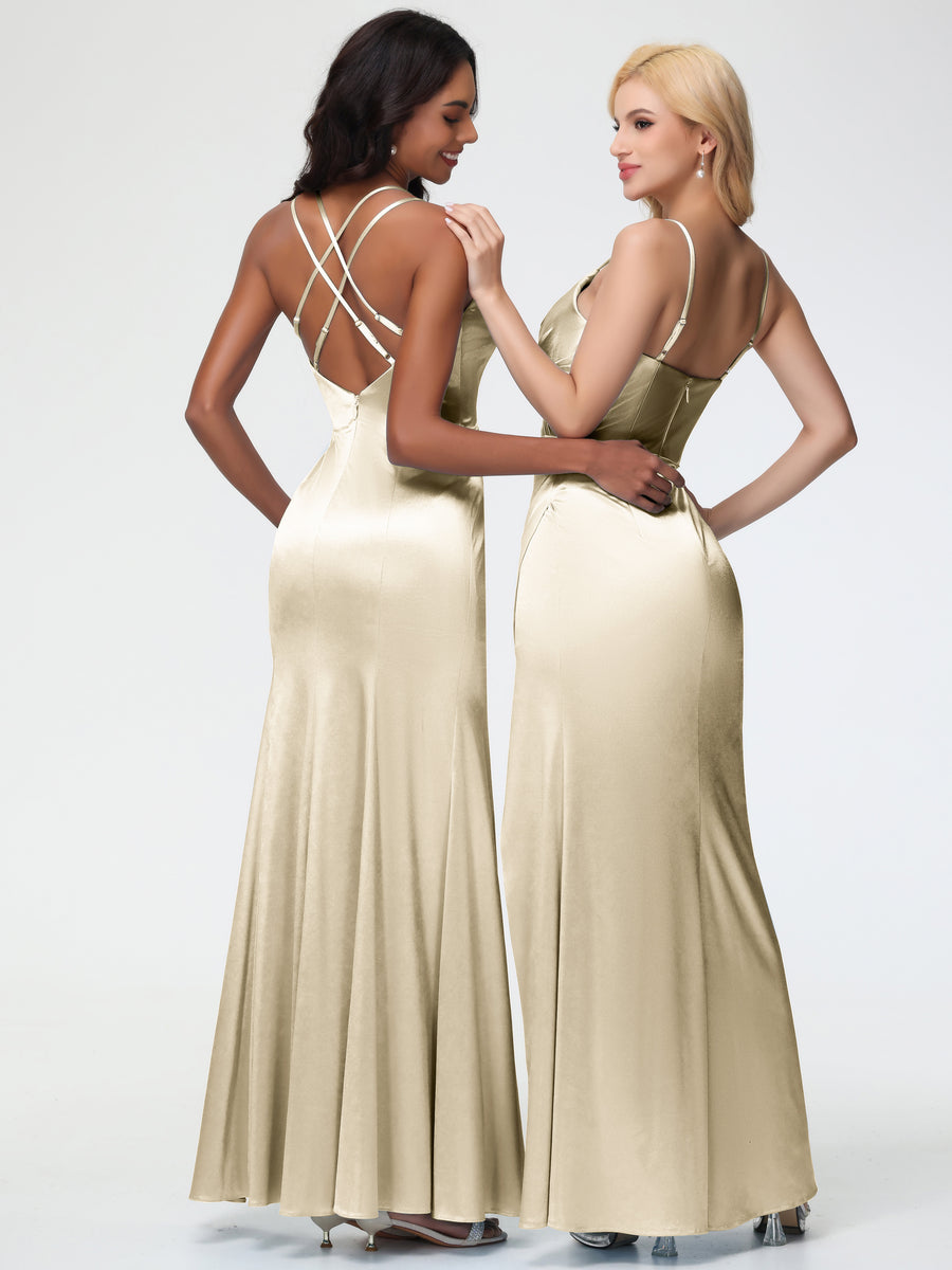 Prom Champagne Dresses Mermaid Slit Floor Length Sleeveless Spaghetti