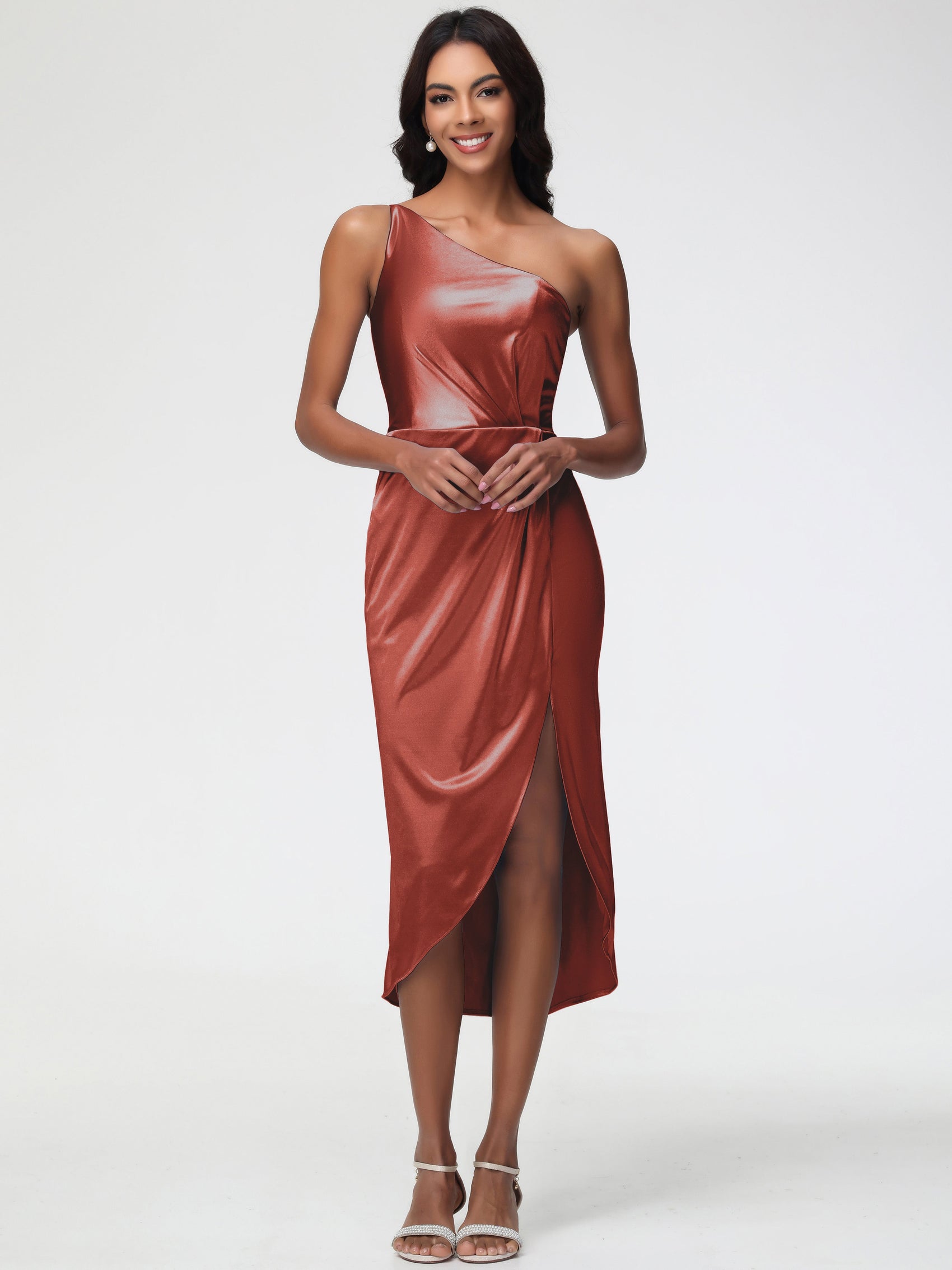 Bridesmaid Dress Rust Color Sleeveless Tea Length One Shoulder Sheath/