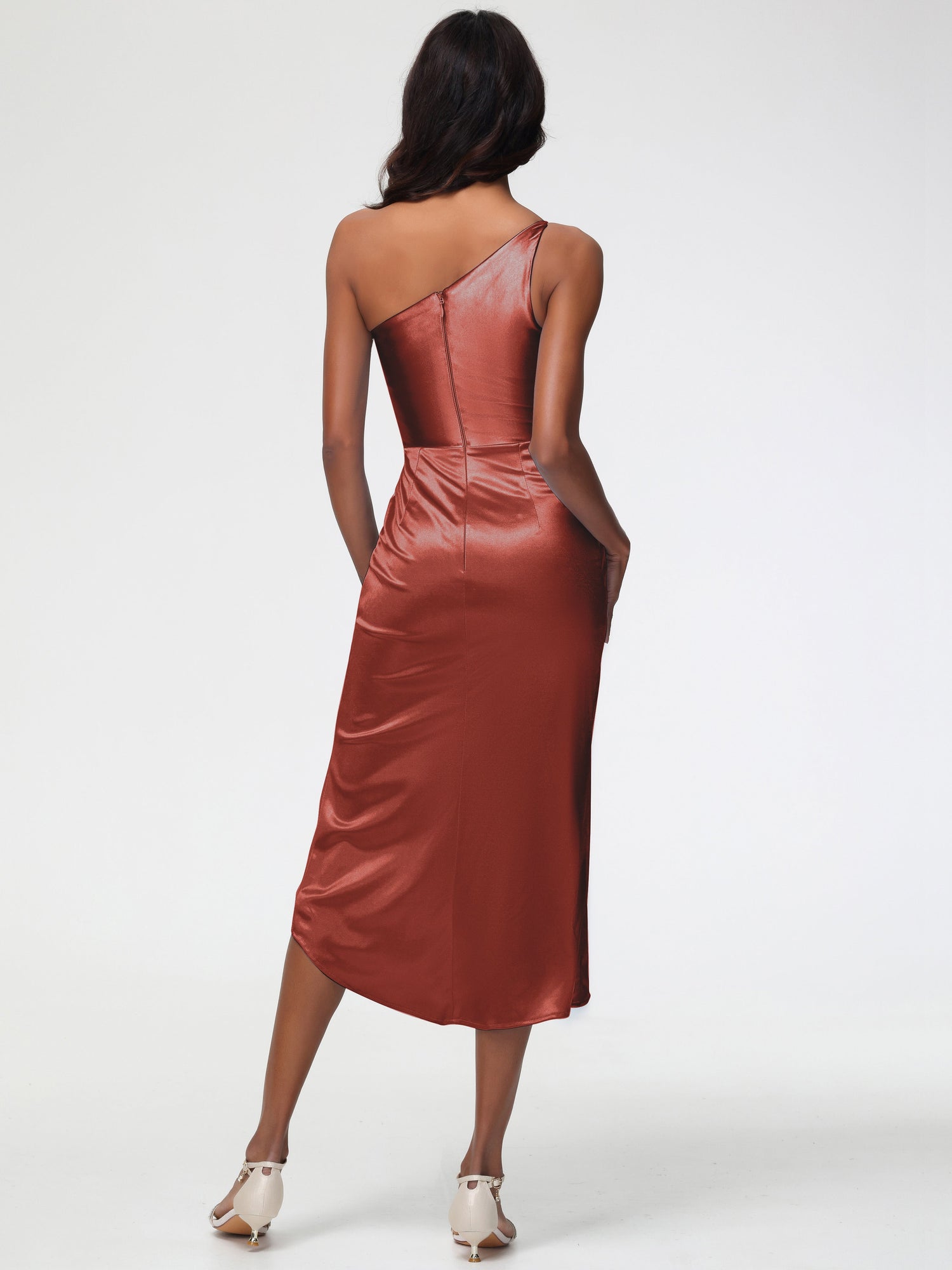 Bridesmaid Dress Rust Color Sleeveless Tea Length One Shoulder Sheath/