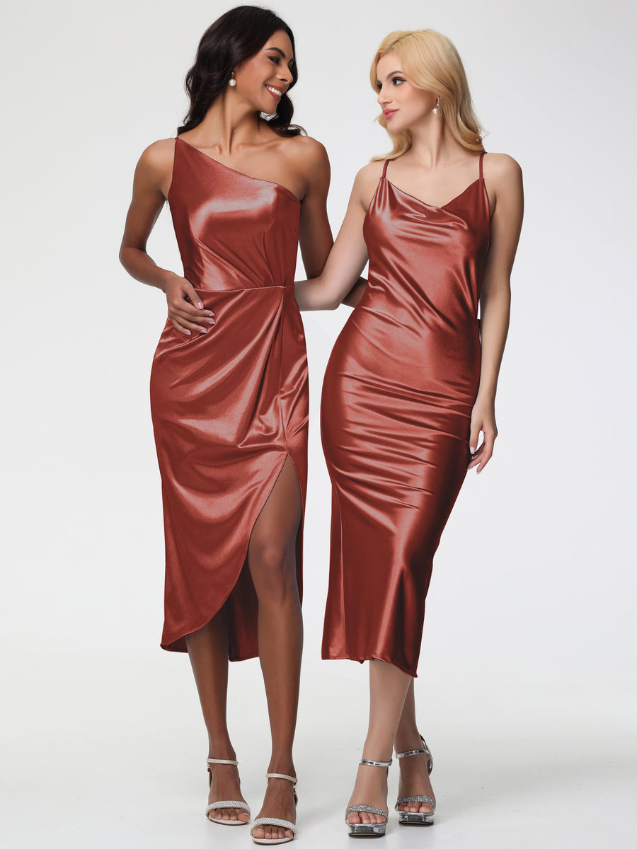 Bridesmaid Dress Rust Color Sleeveless Tea Length One Shoulder Sheath/