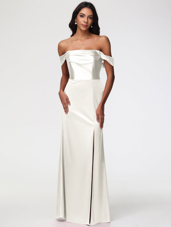 Ivory Satin Formal Dresses Sheath/Column Off The Shoulder Minimalist S