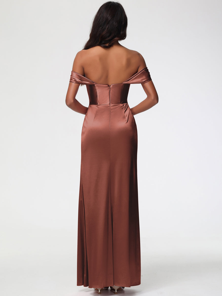 Satin Terracotta Bridesmaid Dresses Sheath/Column Off The Shoulder Min