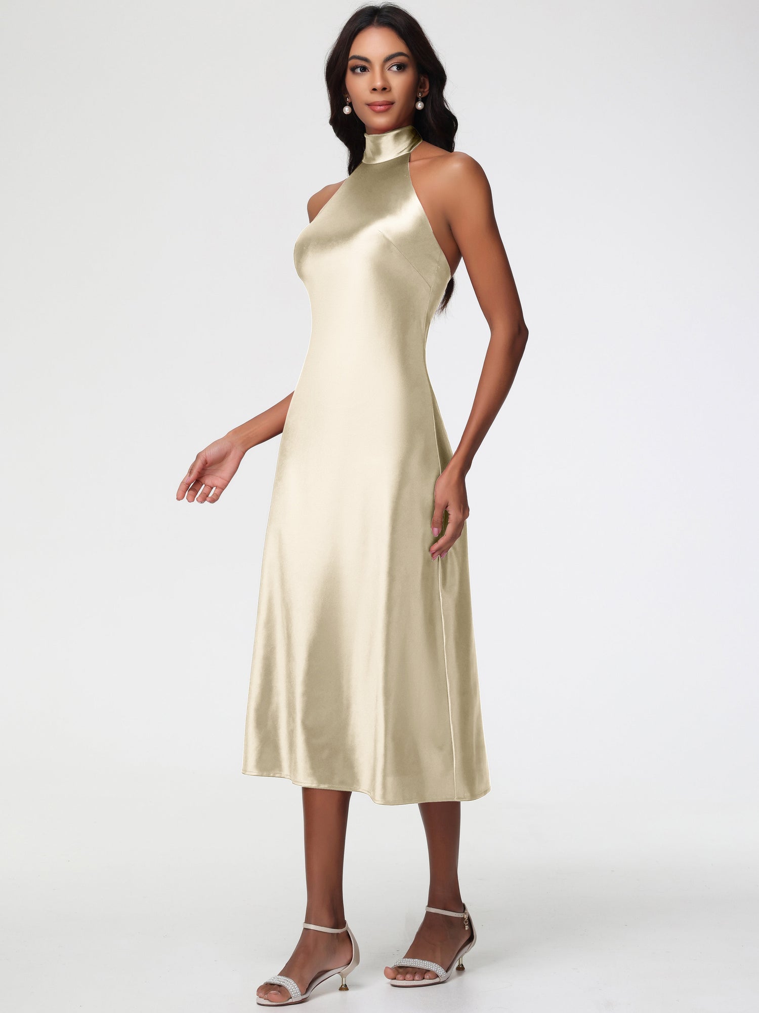 Champagne Bridesmaid Dresses Tea Length Tea-Length High Neck Sleeveles