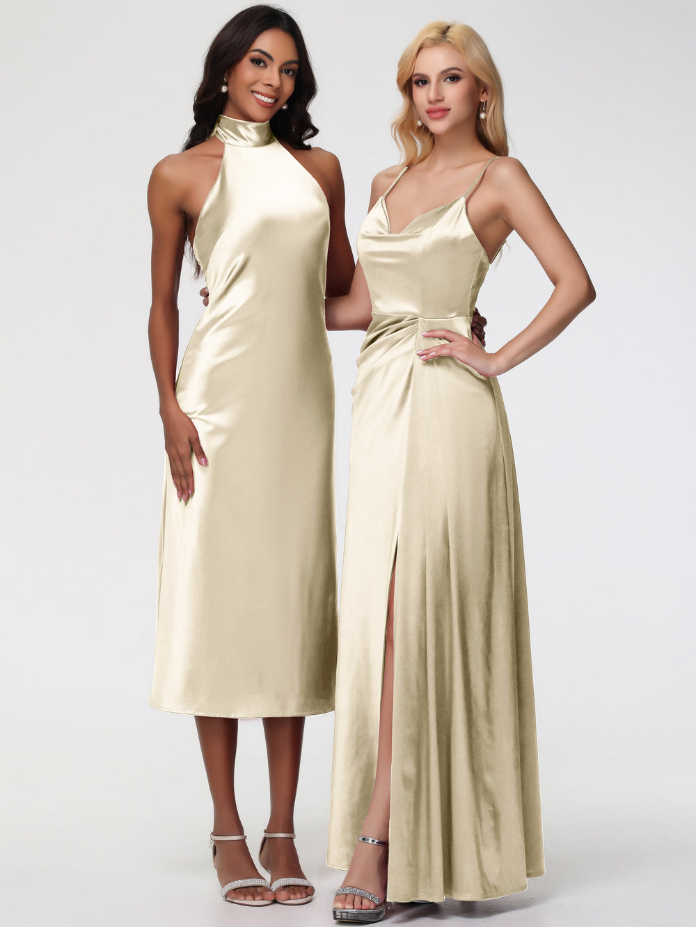 Champagne Bridesmaid Dresses Tea Length Tea-Length High Neck Sleeveles