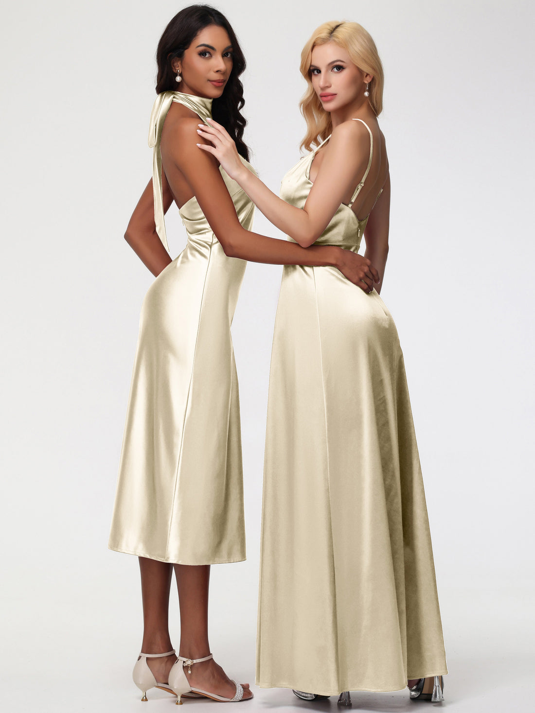 Champagne Bridesmaid Dresses Tea Length Tea-Length High Neck Sleeveles