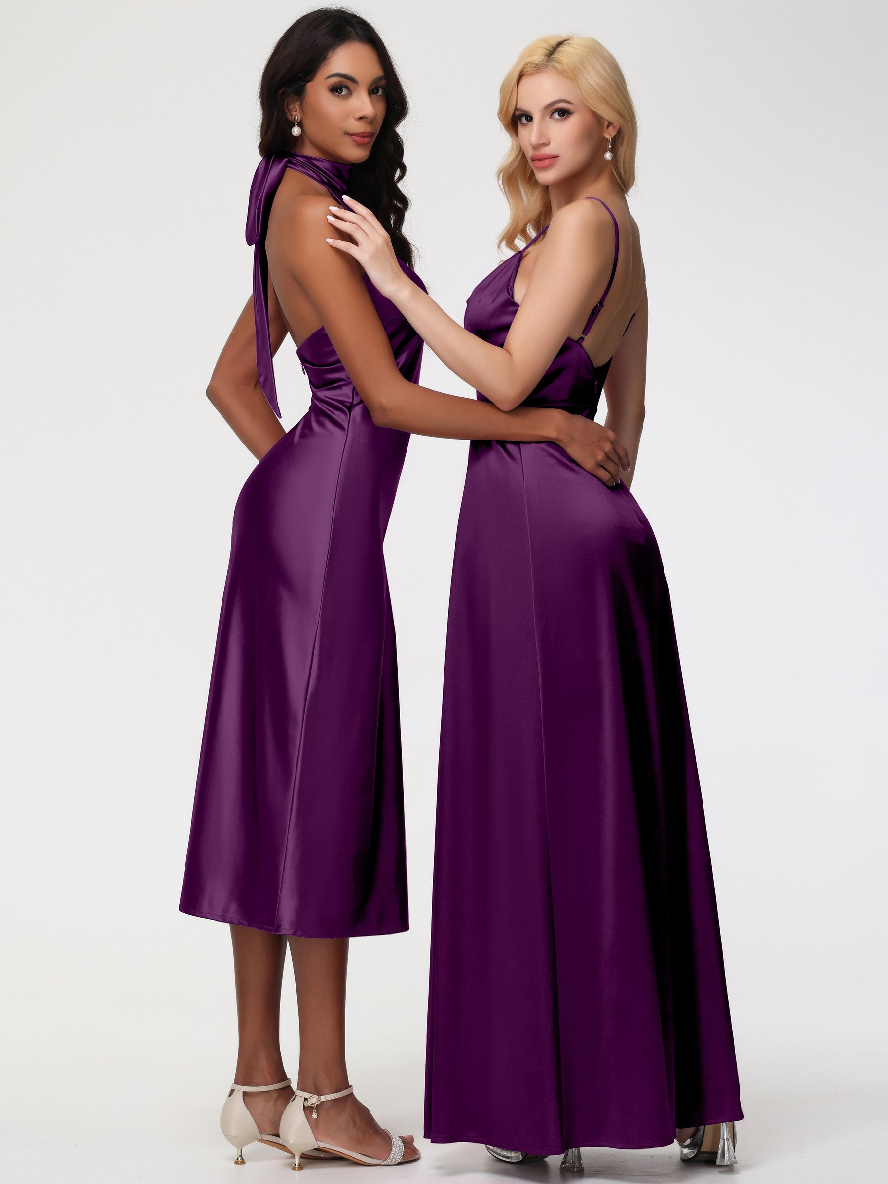Grape Purple Prom Dresses Tea-Length High Neck Sleeveless Stretch Sati
