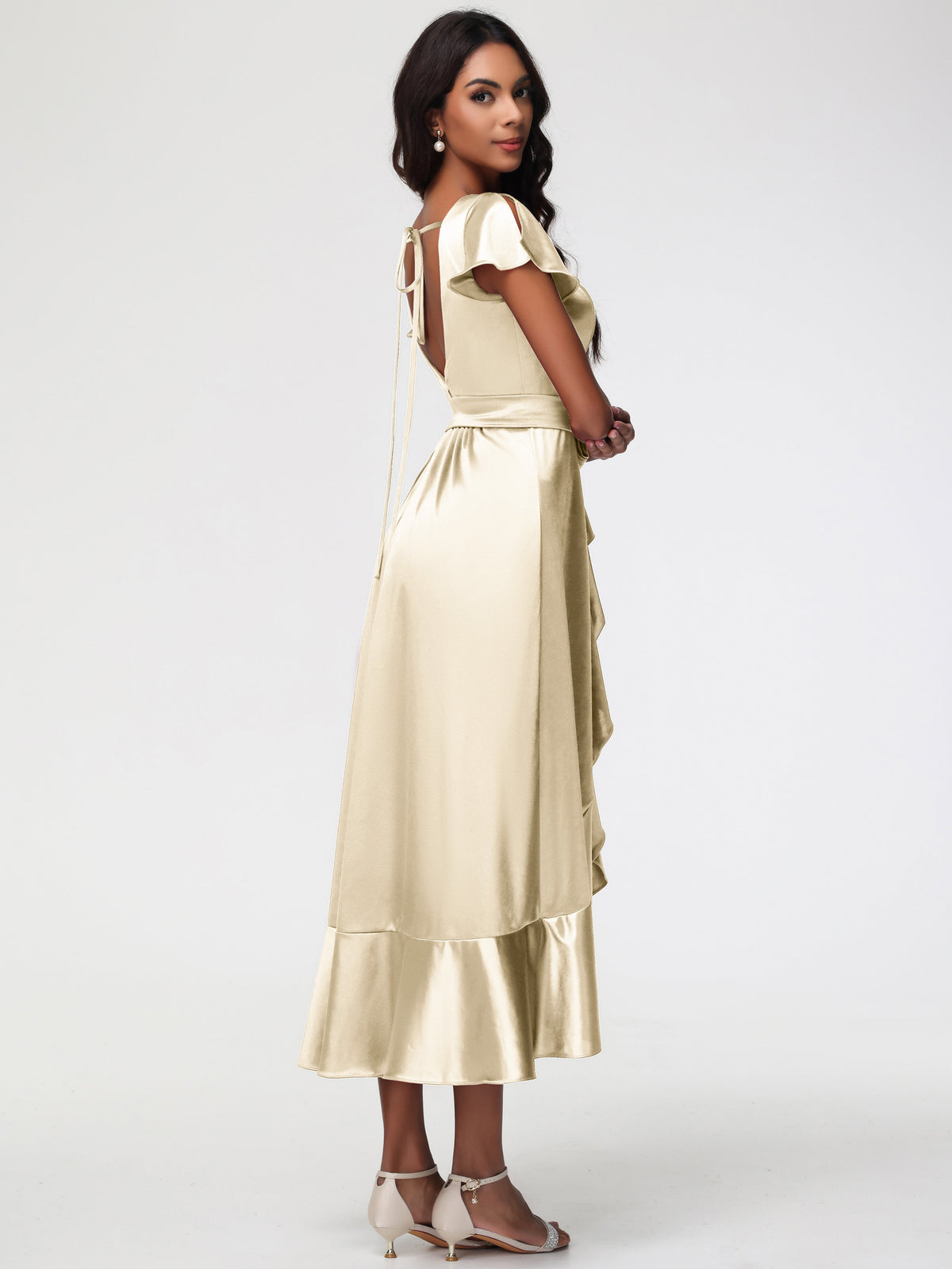 Bridesmaid Dress Champagne Tea-Length Short Sleeves Ruffles A-Line Str