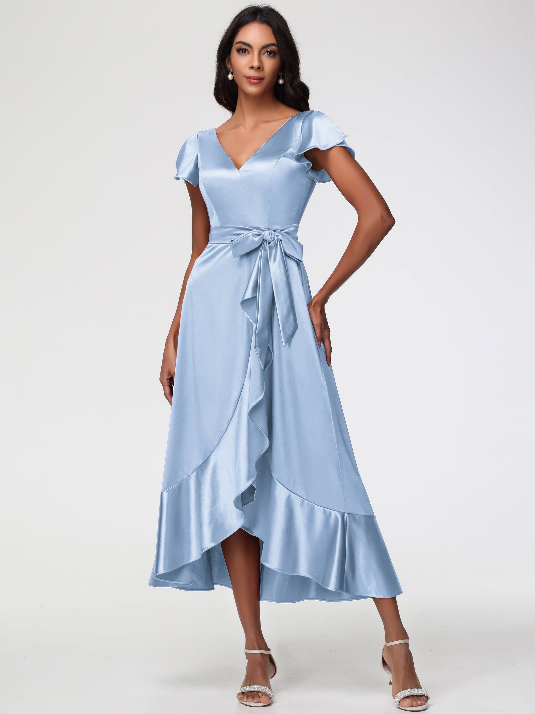 Bridesmaid Sky Blue Dresses Tea-Length Short Sleeves Ruffles A-Line St