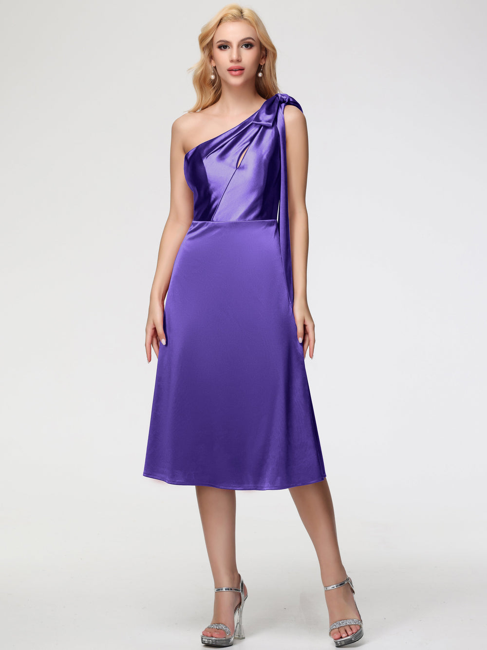 Regency Formal Dress One Shoulder Tea-Length Sleeveless A-Line Stretch