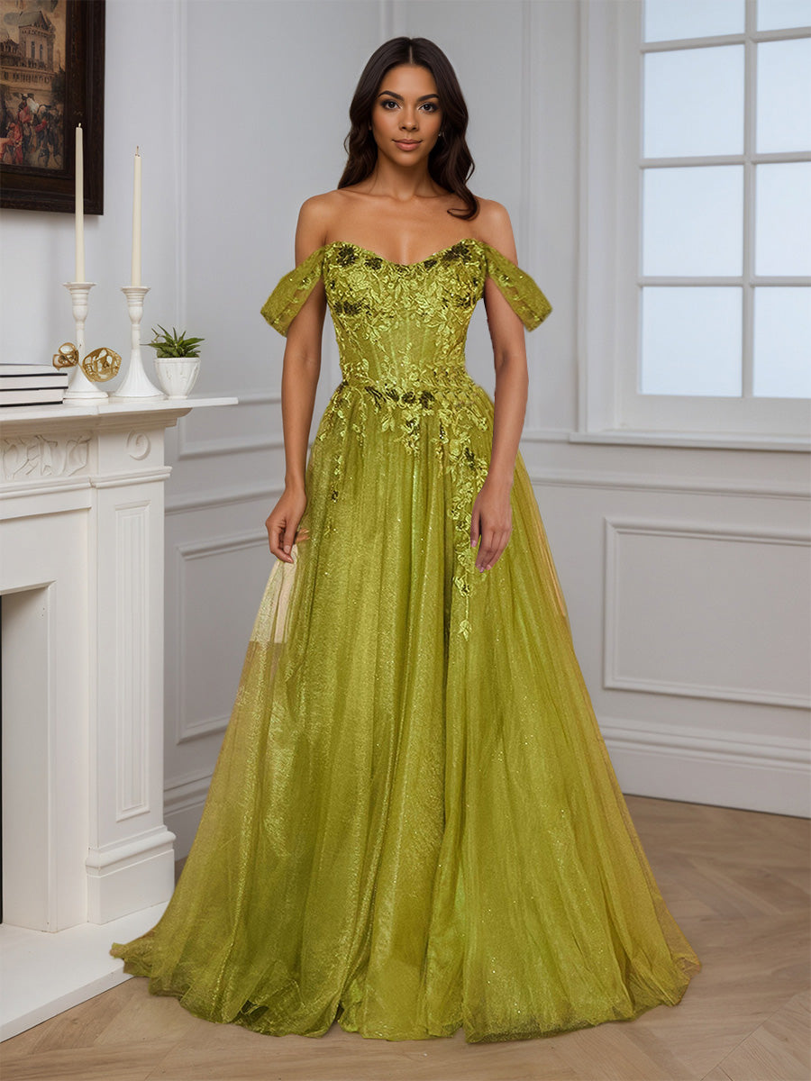 Stunning Clover Off The Shoulder Appliques A Line Prom Dresses with Sl