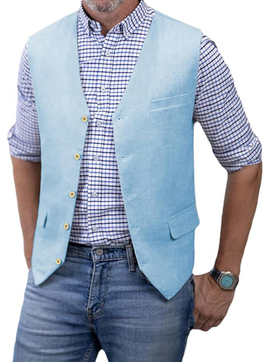 Casual Sky Blue Single Breasted Men's Vest Slim Fit Solid Color Suit V