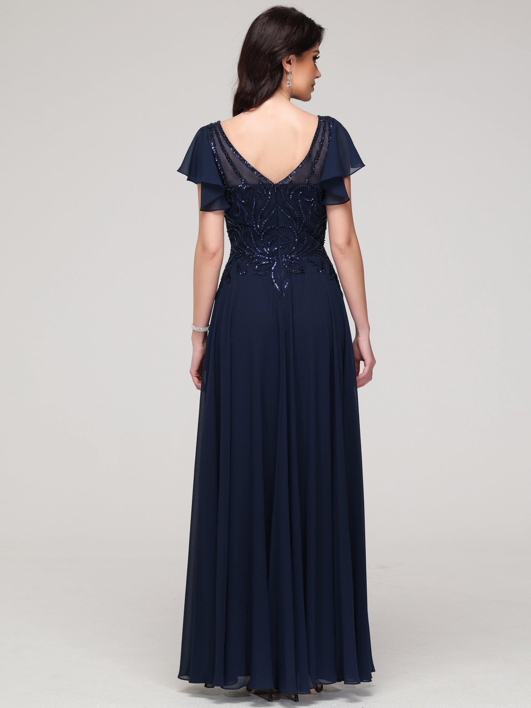 Elegant Short Sleeves V-neck Beaded Long Chiffon Prom Dress