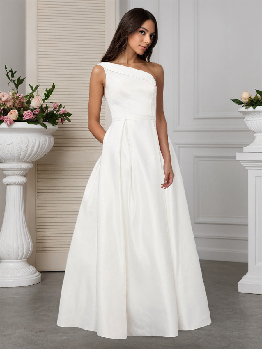 One Shoulder A Line Sleeveless Satin Floor Length Wedding Dress
