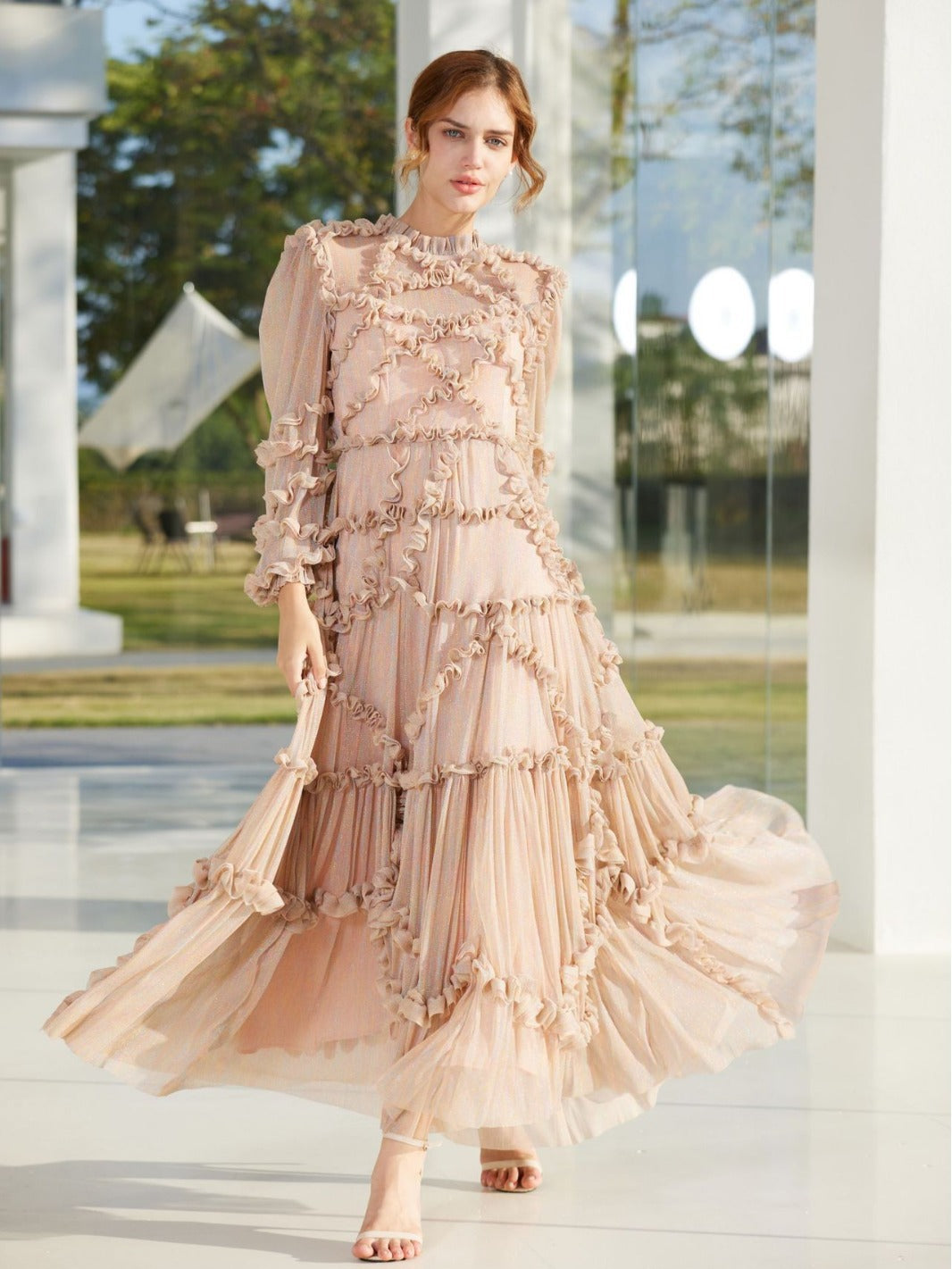 Shiny Ruffle Long Sleeves Maxi Formal Dress