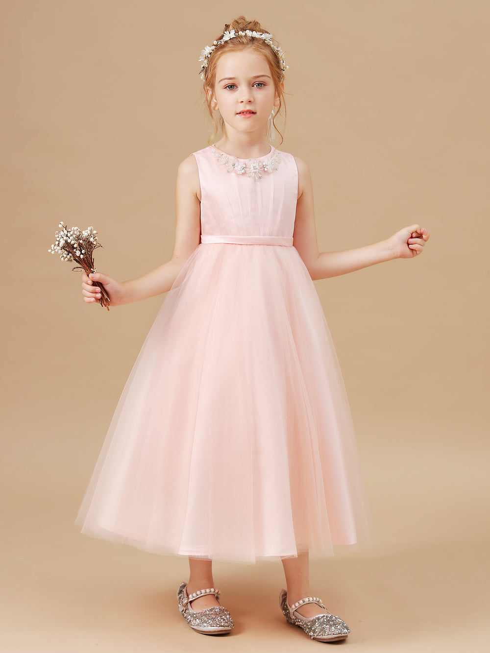 Open Back Appliques Tea Length Satin Flower Girl Dress