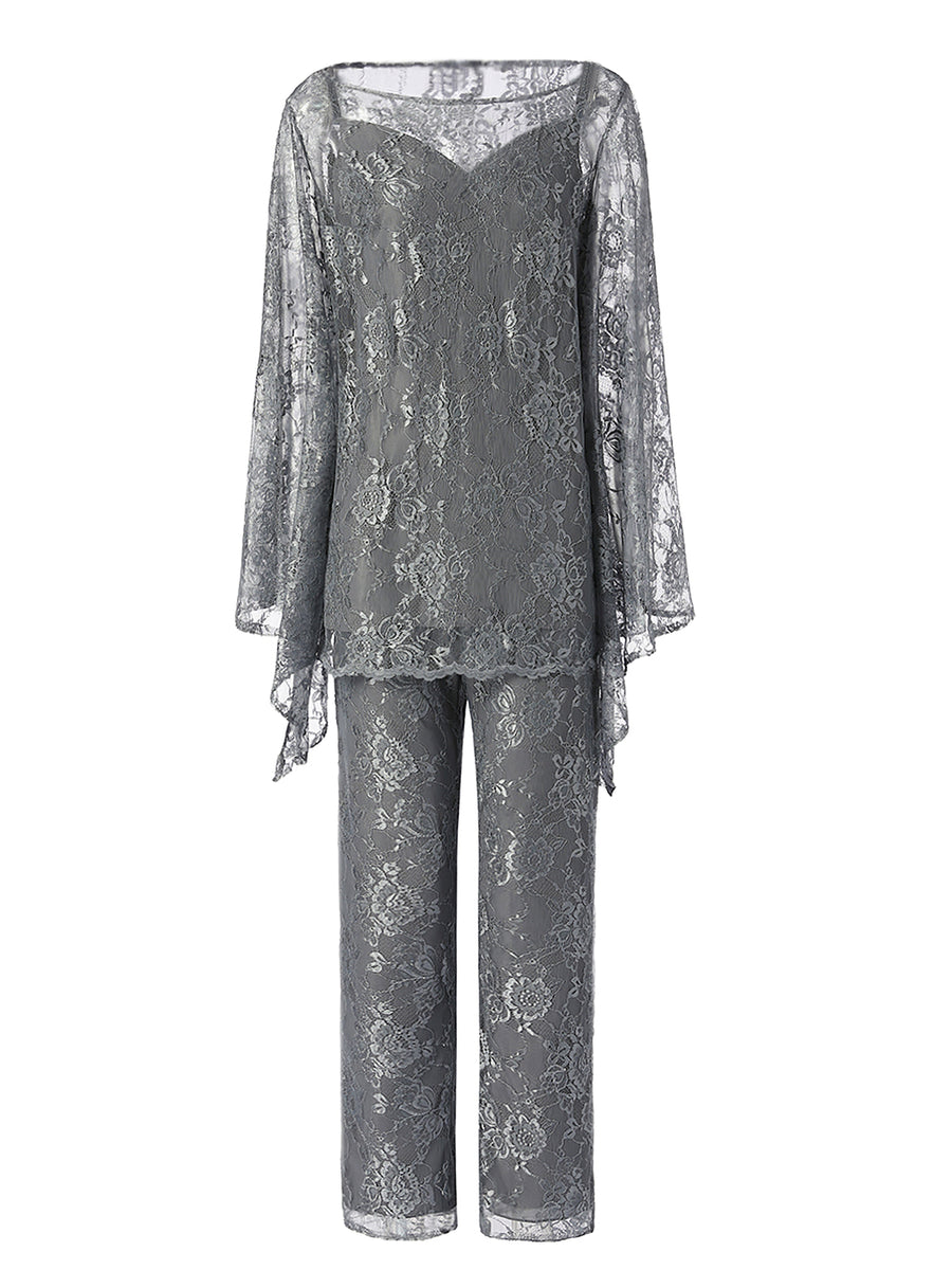 See-Through Sleeves Chiffon Lace Mother of the Bride Dress Pant Suits ...