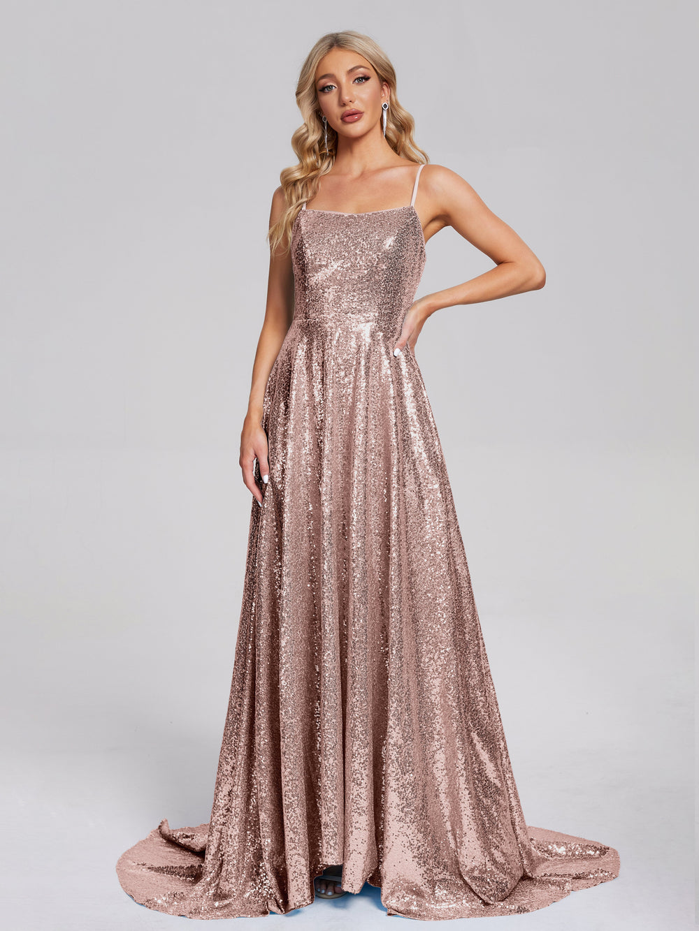 Shinning Spaghetti Straps Square Neck Sequins Prom Dress