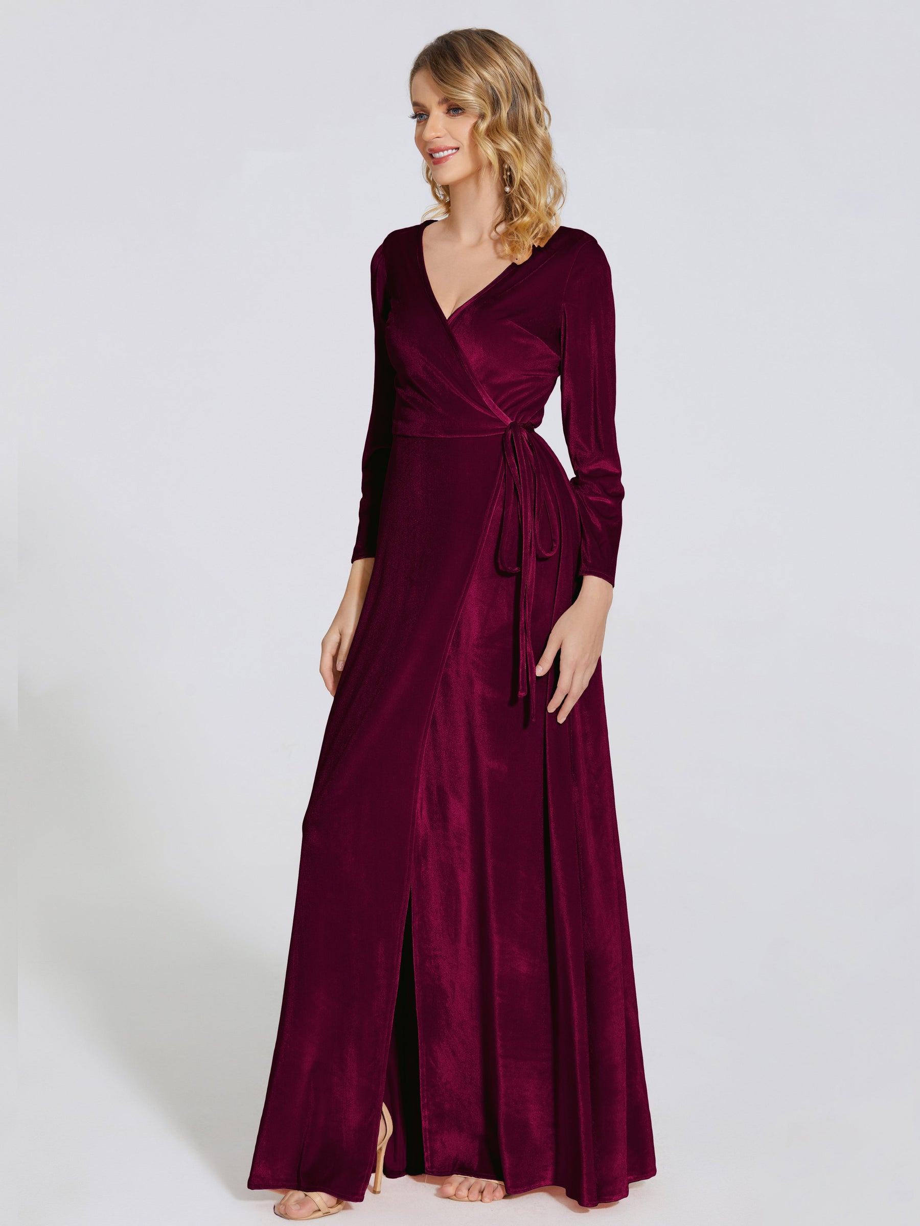 Leila V Neck Long Sleeves Velvet Mother of the Bride Dress